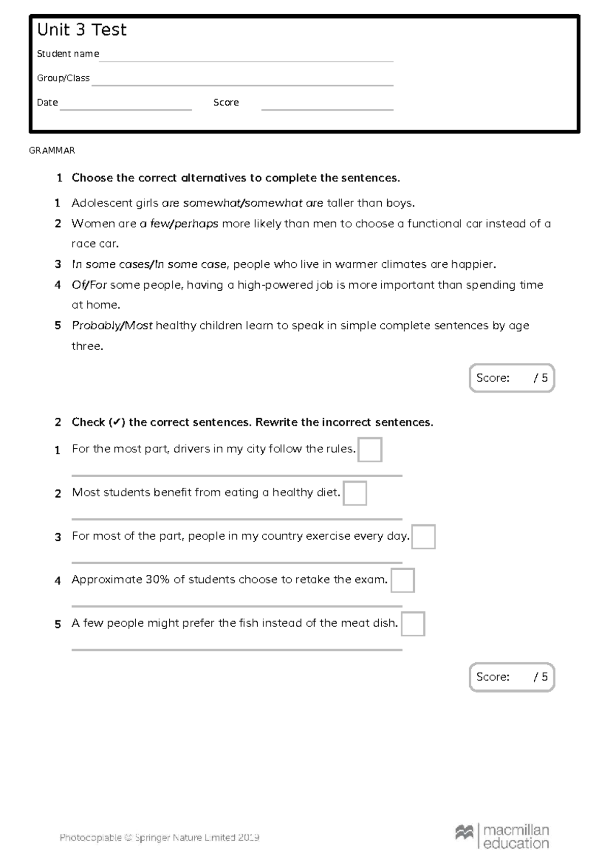 Unit 3 Test - Grammar and Reading Comprehension Assessment - Studocu