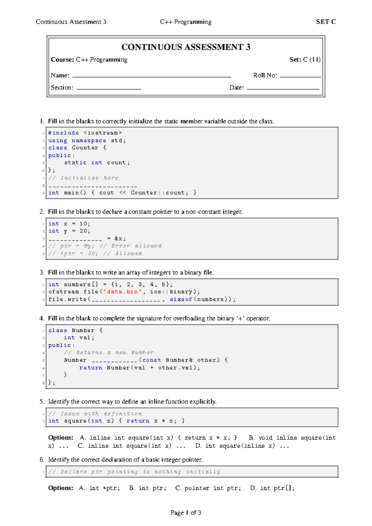 CA3 Programming Set C - Continuous Assessment 3 Questions - Studocu