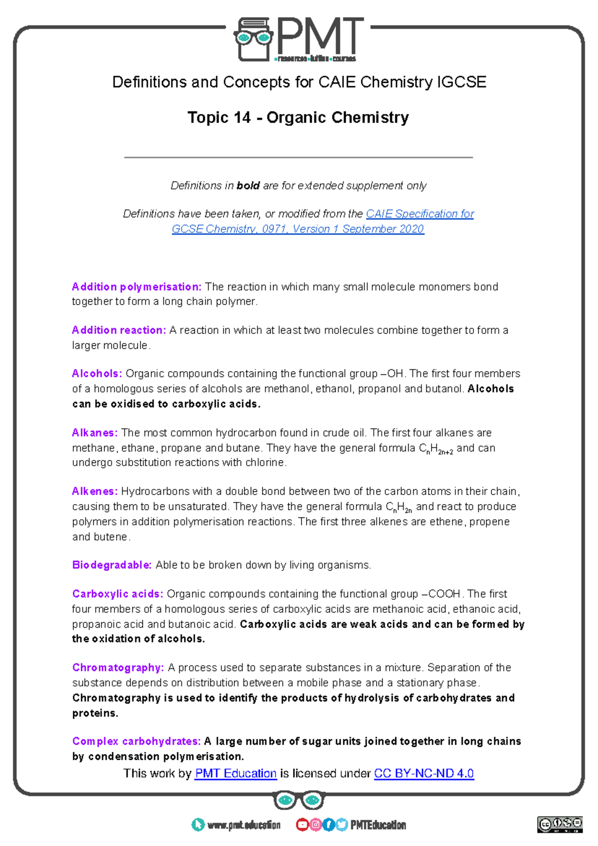 Definitions and Concepts for CAIE Chemistry IGCSE Topic 14: Organic ...
