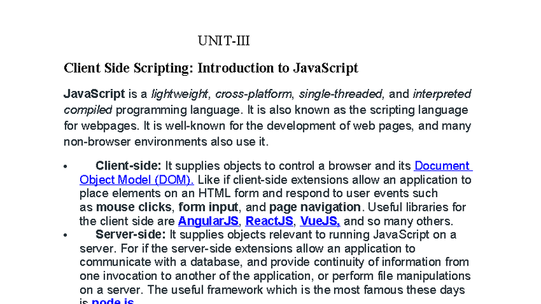 Unit-III: Introduction to JavaScript Client-Side Scripting - Studocu