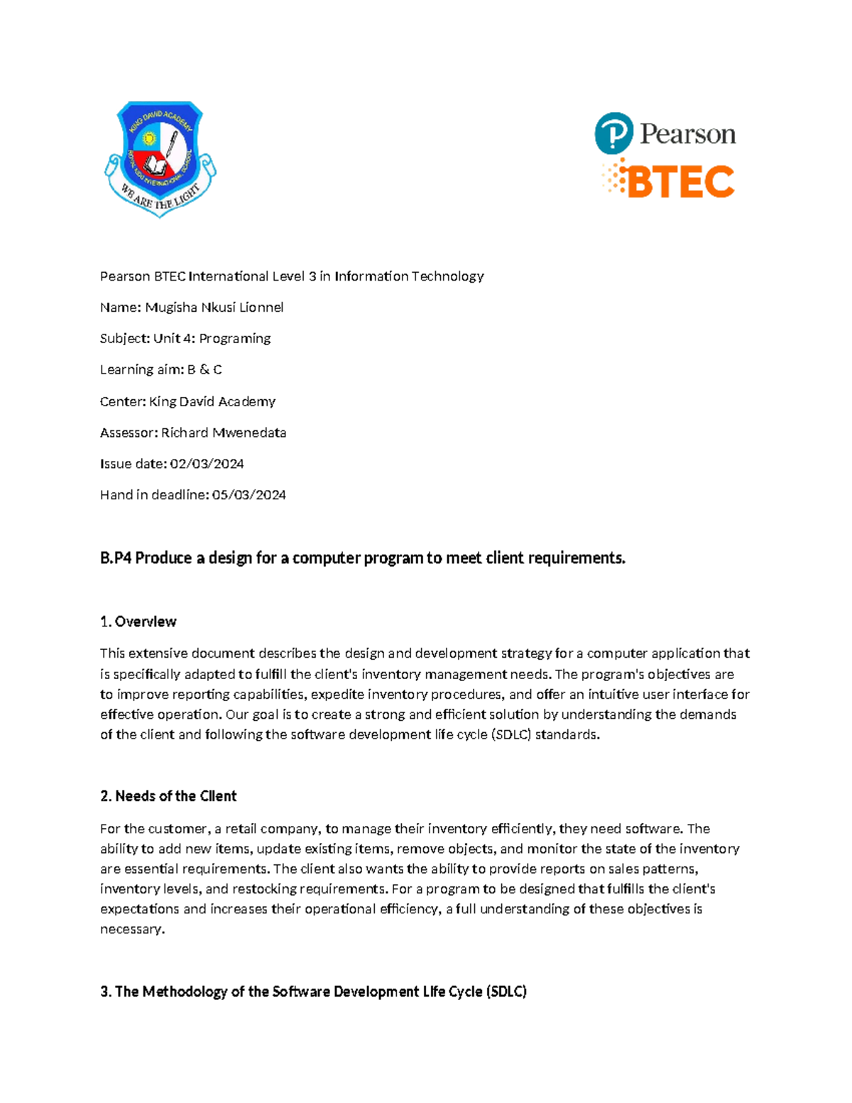 Unit 4 Programming Design Document for Learning Aim B & C - Studocu