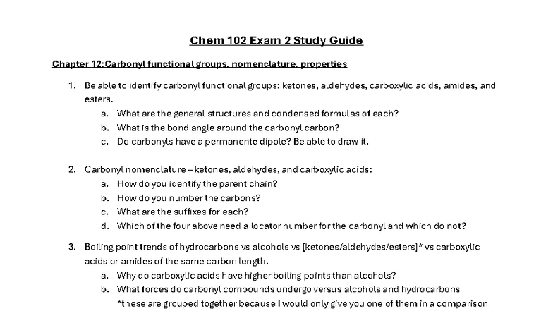 Chem 102 Exam 2 Study Guide: Carbonyls, Nomenclature & Properties - Studocu