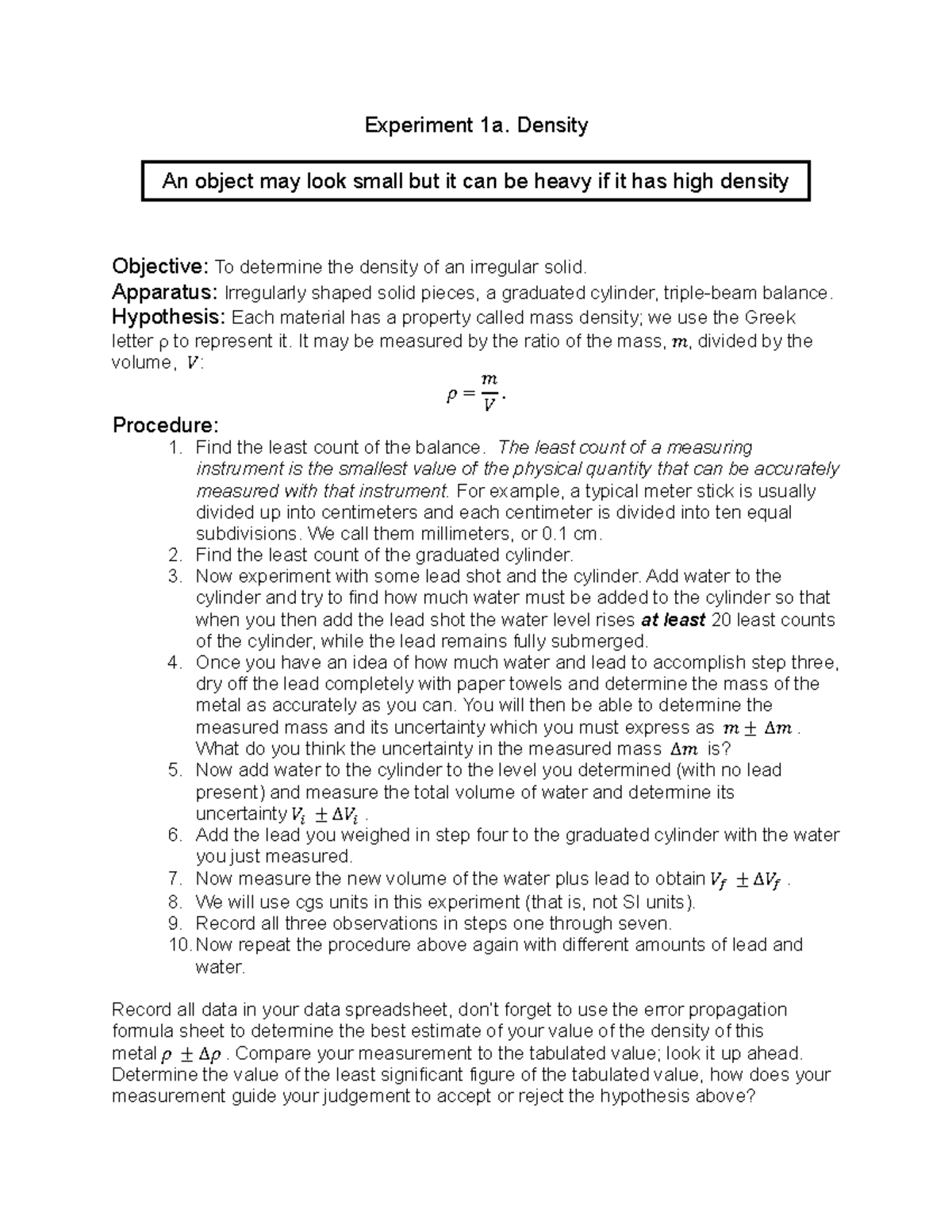 02b Density Scattering - Experiment 1a. Density Objective: To determine ...