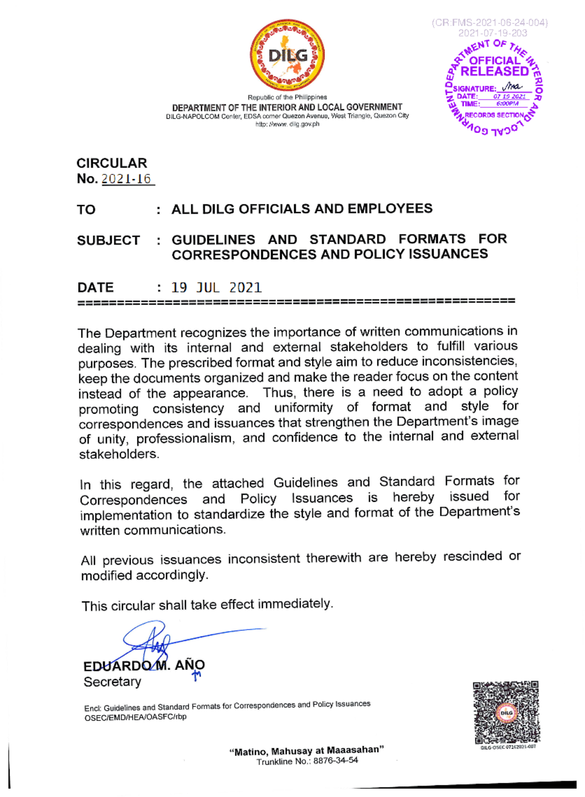 Guidelines and Formats for Official Correspondences - Circular 2021-16 ...