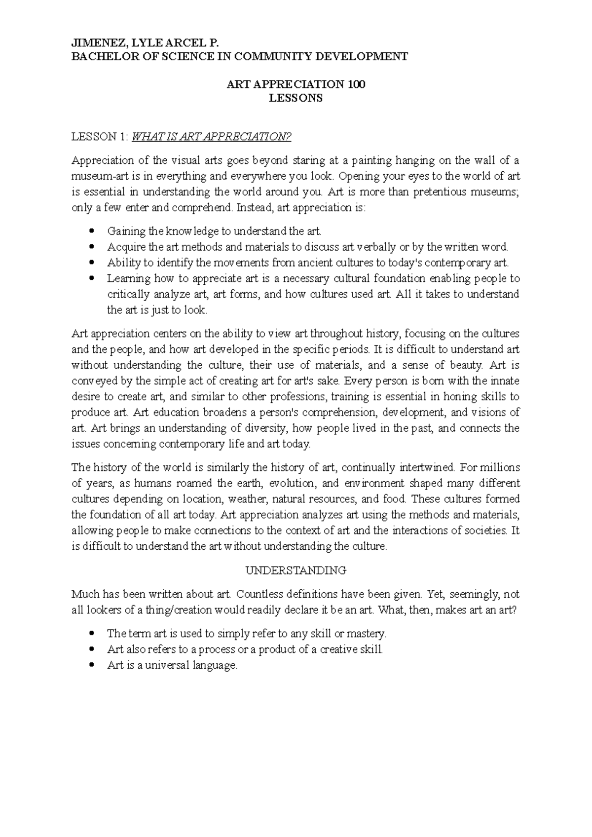 ART APPRECIATION 100: LESSONS ON UNDERSTANDING ART AND CULTURE - Studocu