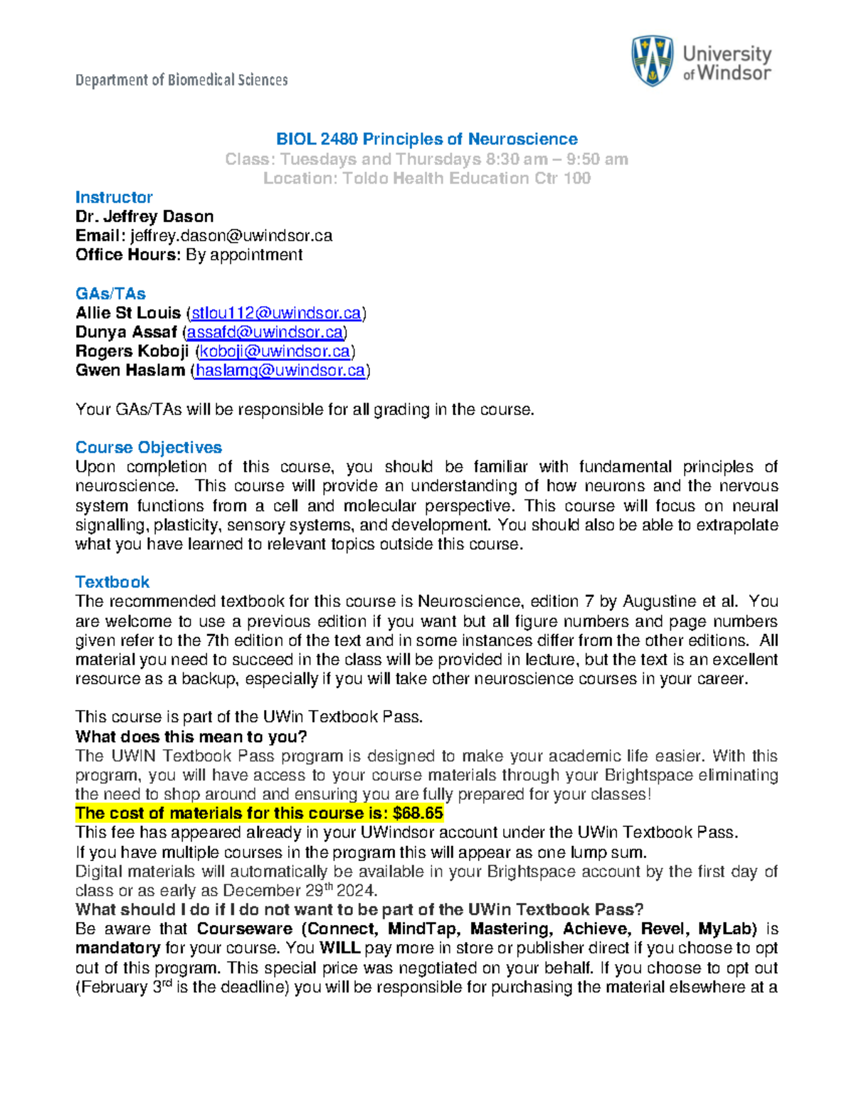 BIOL 2480 Principles of Neuroscience Syllabus - Winter 2025 - Studocu