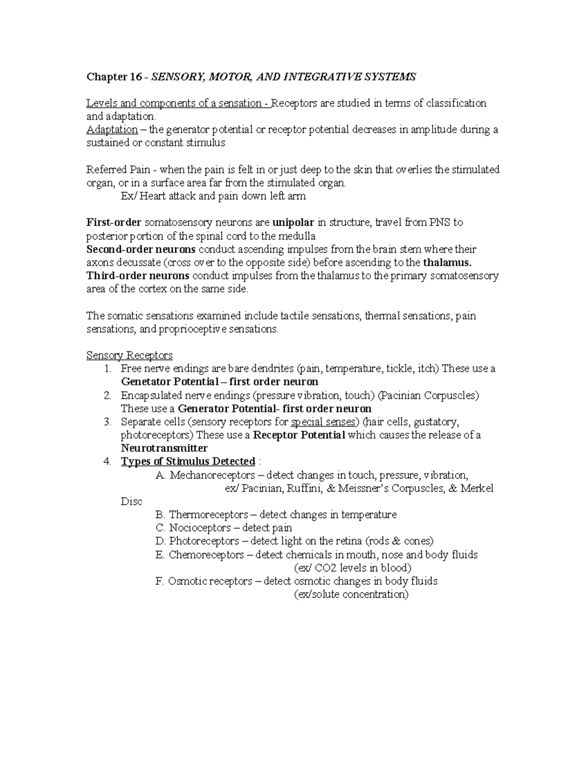 Chapter 16-17: Sensory, Motor, and Integrative Systems Overview ...