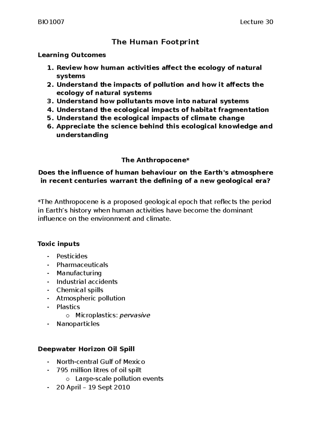 BIO1007 Lecture 31 The Human Footprint: Impacts of Human Activity on ...