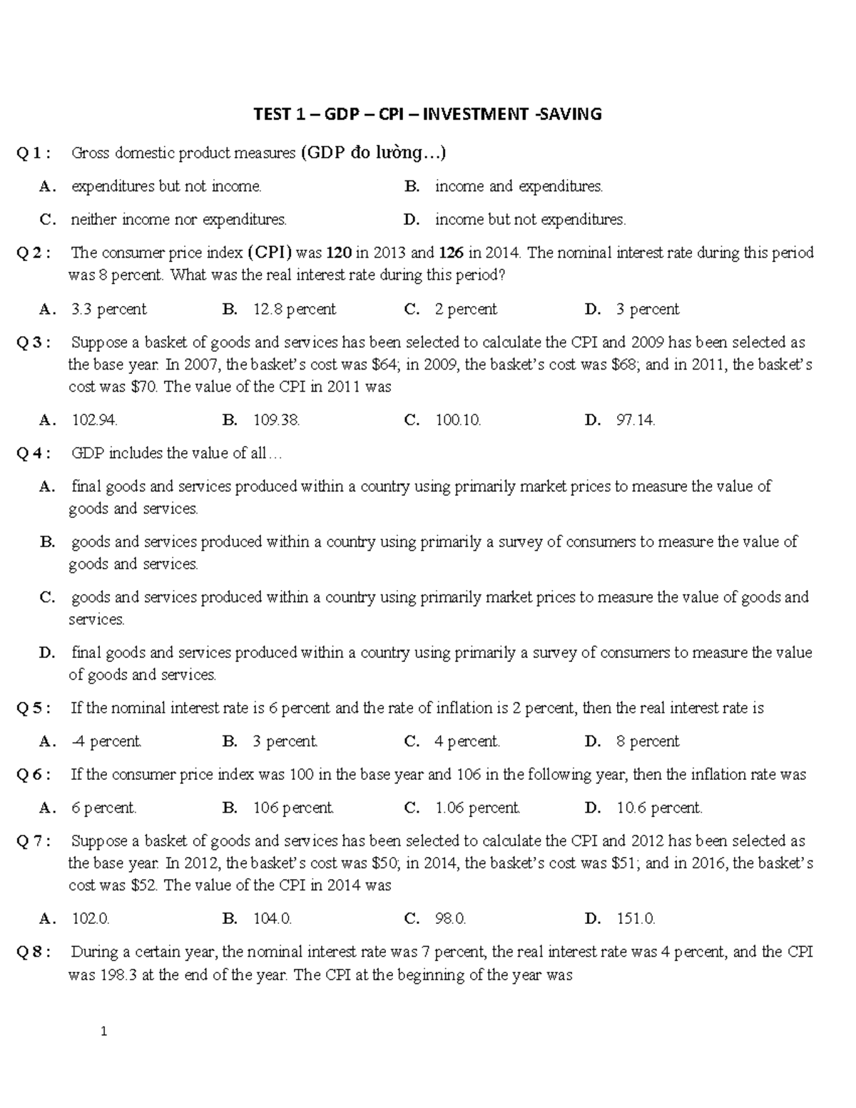 TEST 1 - Macro - GDP & CPI - 50 Questions with Answers - Studocu
