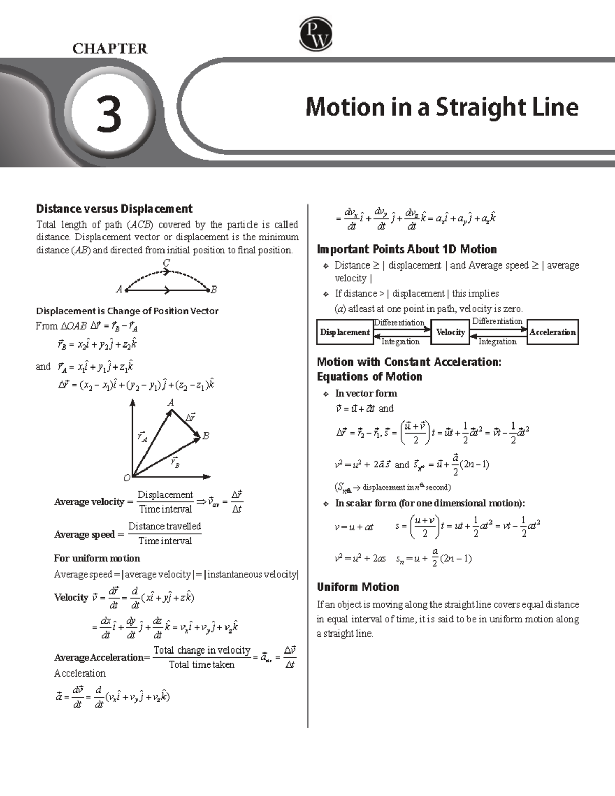 CHAPTER 3 Motion in a Straight Line: Distance vs Displacement Notes ...