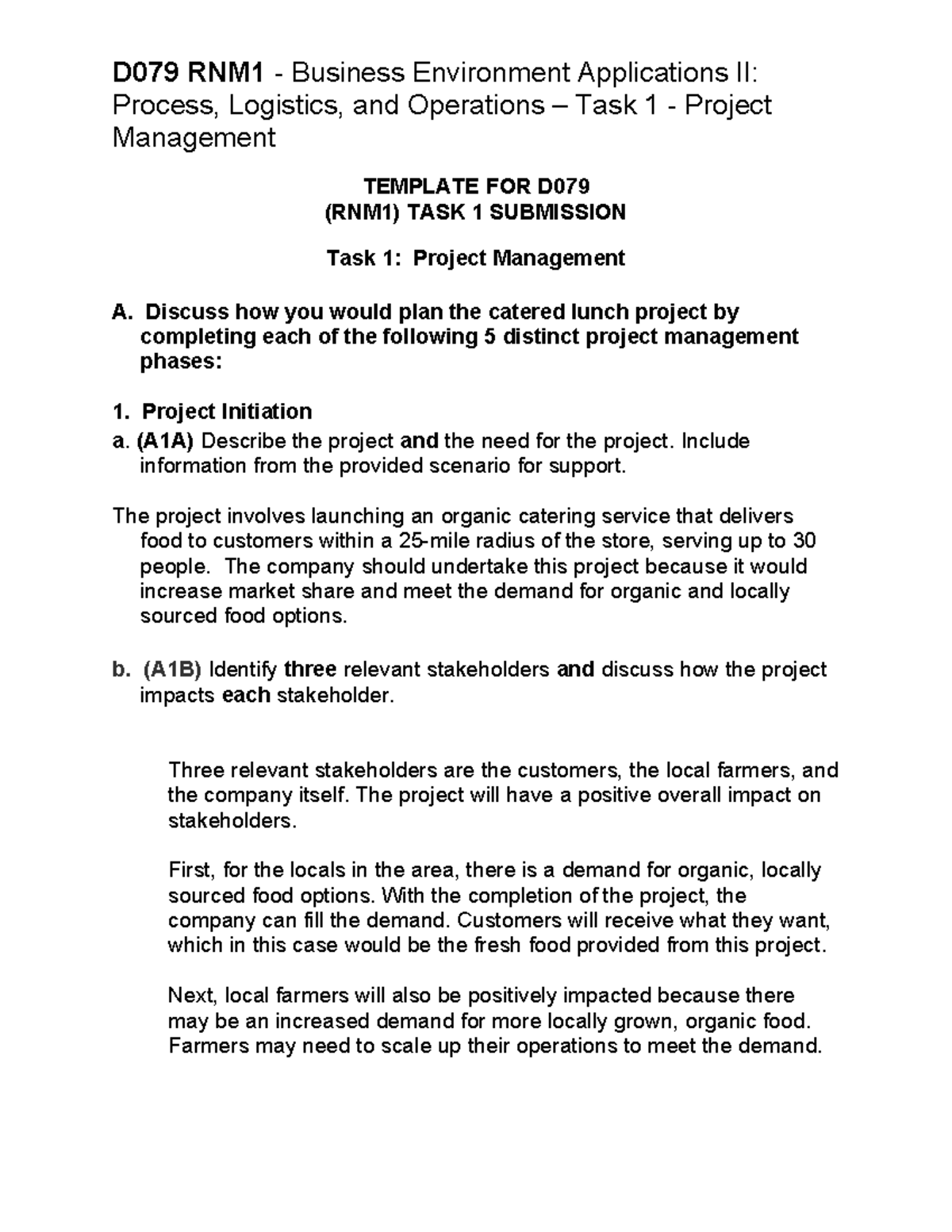D079 RNM1 Business Environment Applications II: Task 1 Project ...