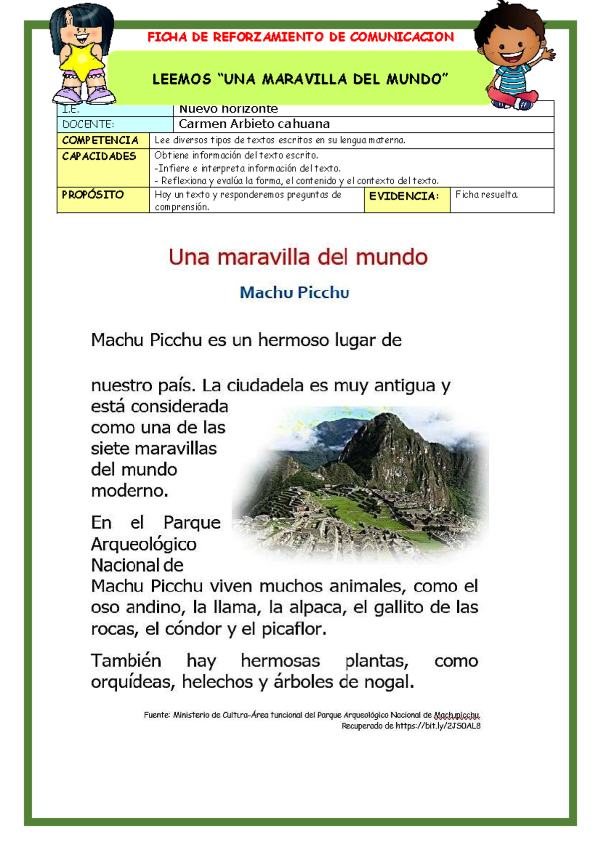 S5 REF 4 COM Leemos Maravilla del Mundo: Comprensión de Texto - Studocu