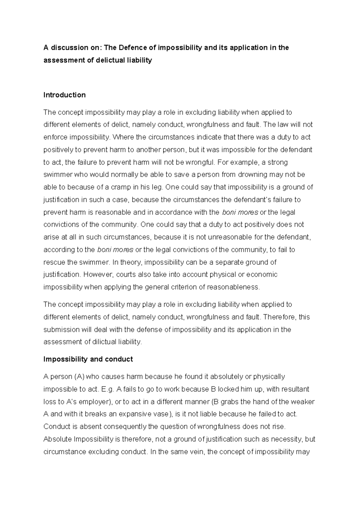 Defence of Impossibility in Delictual Liability Assessment: An Analysis ...