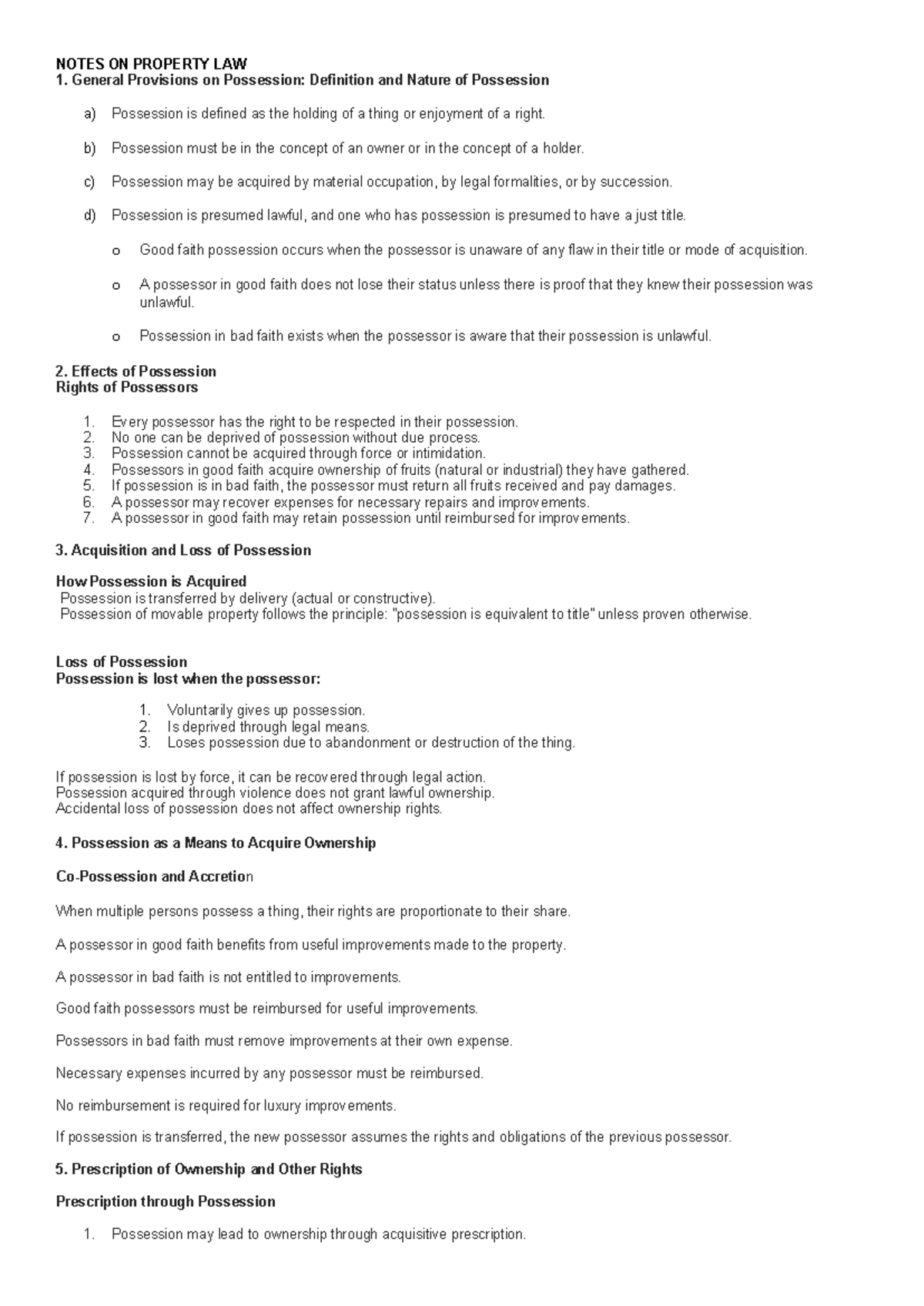 Property Law Notes: Key Concepts on Possession & Ownership - Studocu