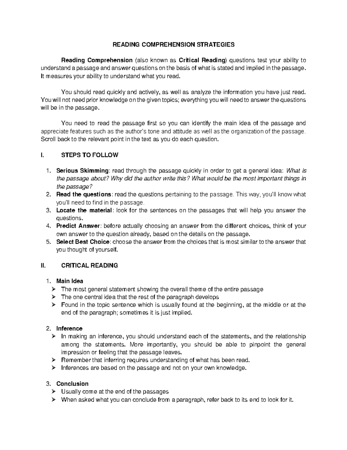 Reading Comprehension Strategies Handout 2: Key Concepts Explained ...