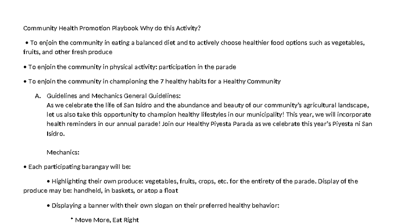 Healthy Piyesta Parada: Community Health Promotion Playbook - Studocu