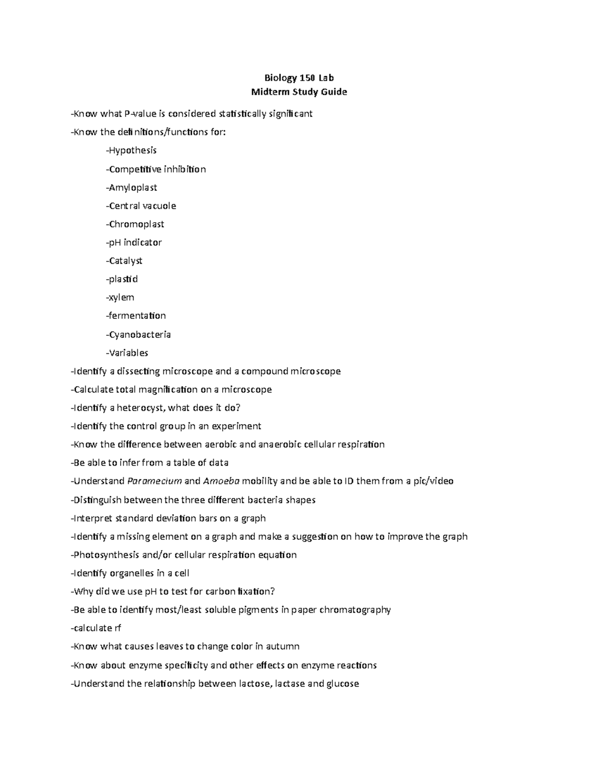 Biology 150 Lab Midterm Study Guide - Studocu