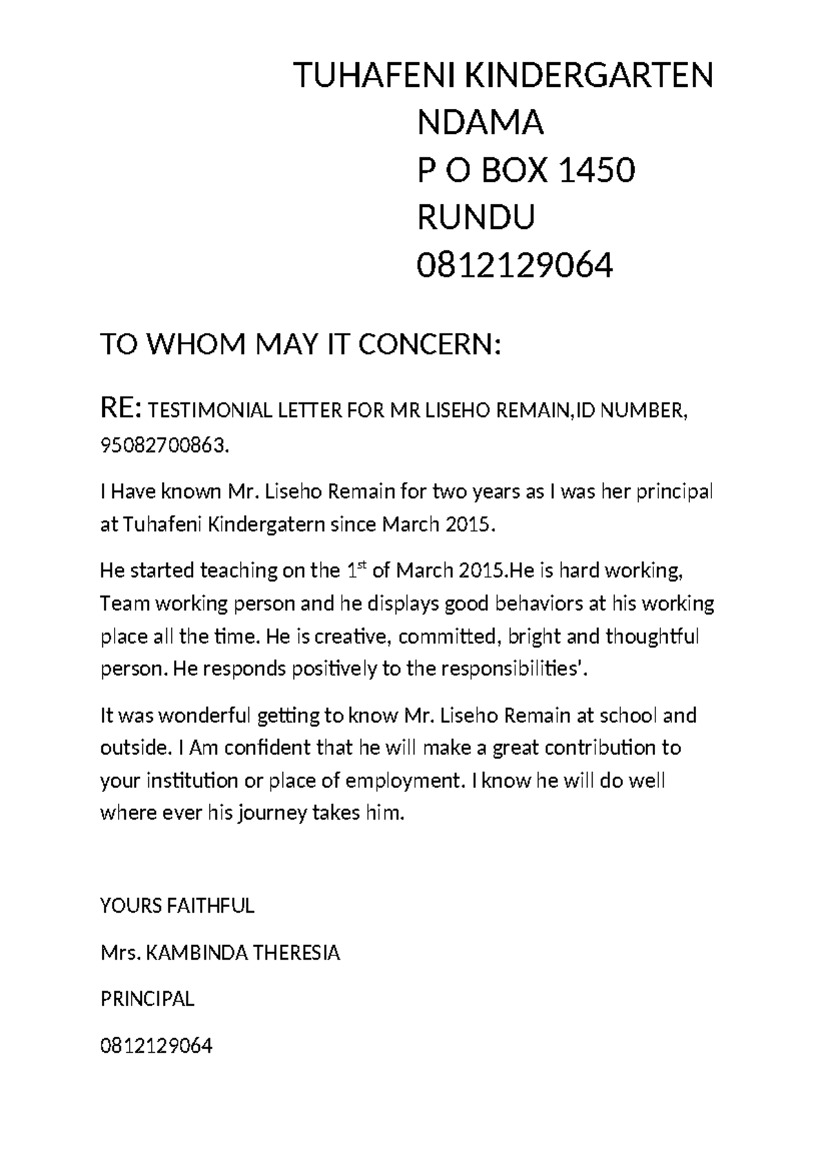 Testimonial Letter for Mr. Liseho Remain - Tuhafeni Kindergarten - Studocu