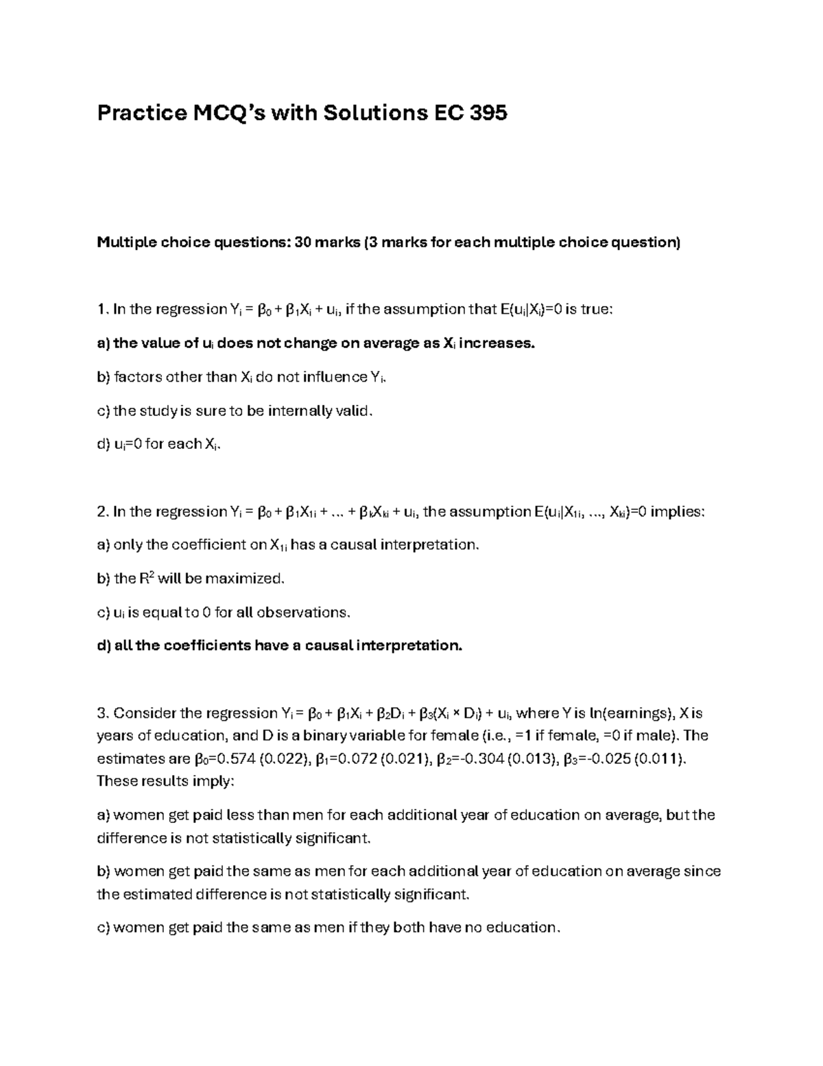 Practice MCQ Questions Final Exam 395 with solutions - Practice MCQ’s with Solutions EC 395 ...