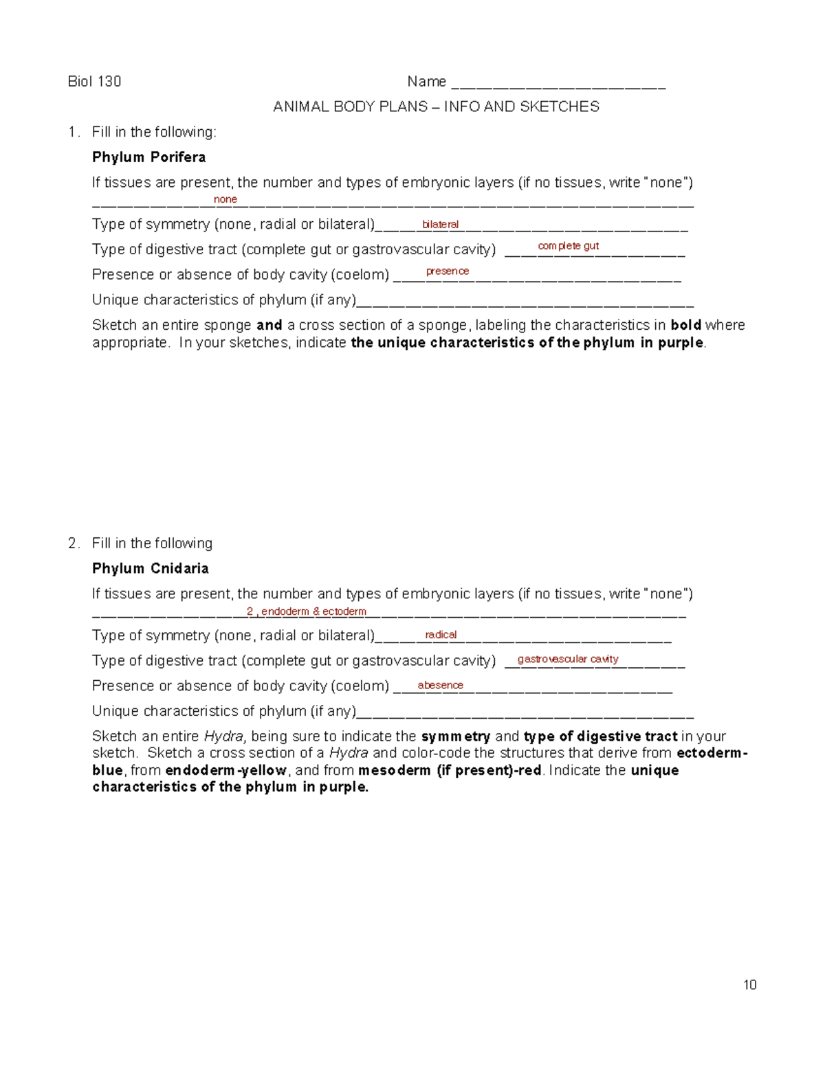 LAB 9 - Animal. Body Plans Phylum's information and vertebrate chordate ...