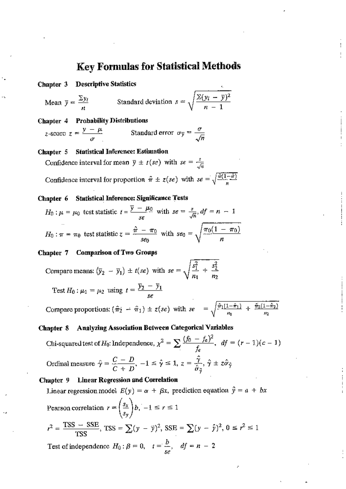 Statistical Formulas & Tables - Stat 1 Study Guide - Studeersnel
