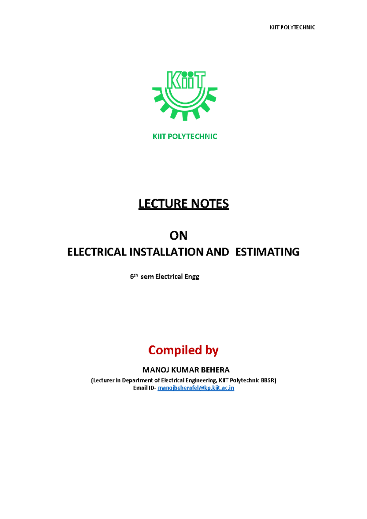 KIIT POLYTECHNIC 6th Sem Electrical Engg Lecture Notes on Installation ...