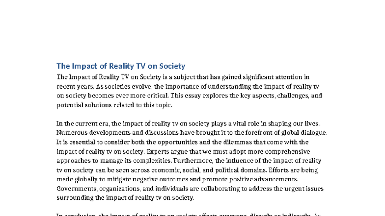 The Impact of Reality TV on Society: A Comprehensive Essay (Unique ...