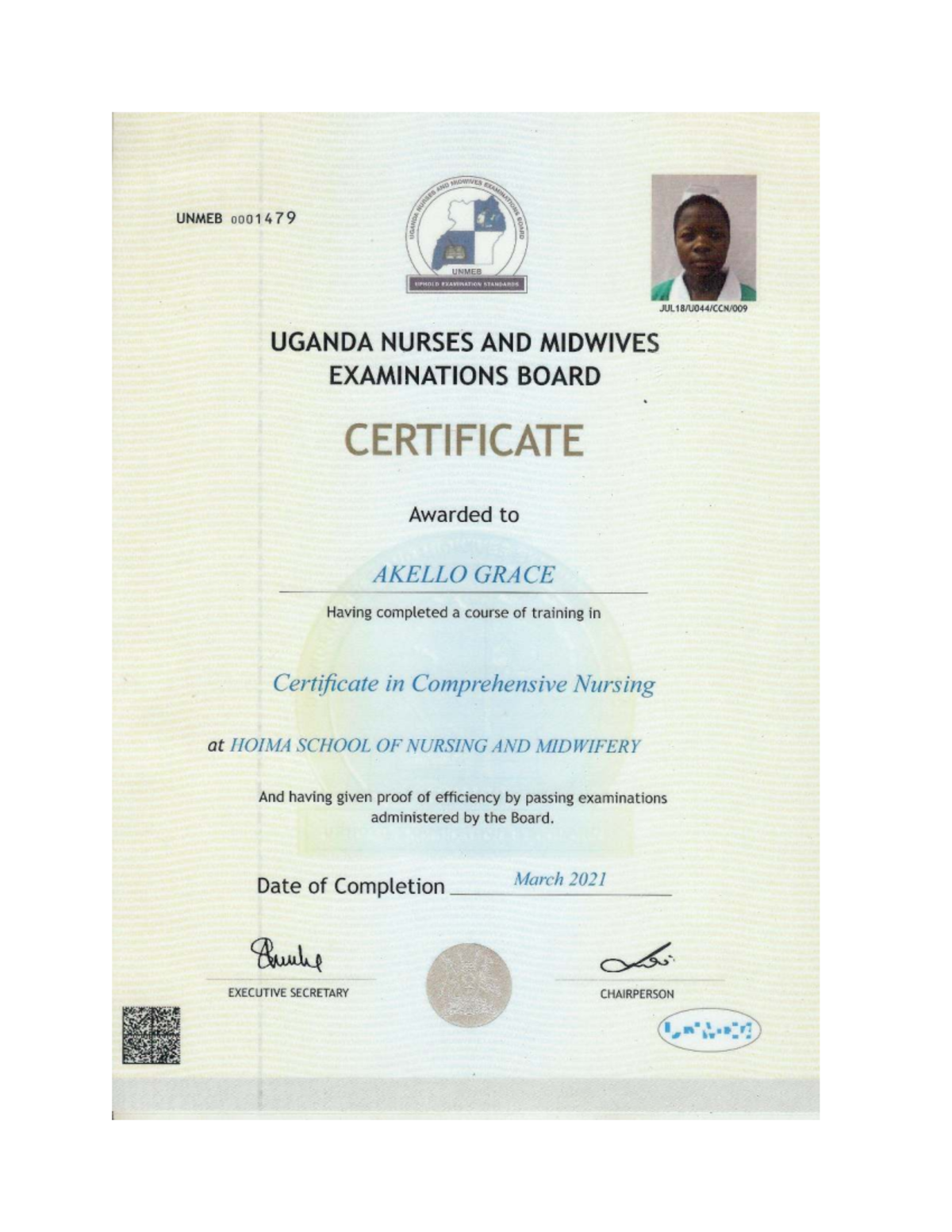 UNMEB Certificate of Completion for Akello Grace in CCN Program - Studocu