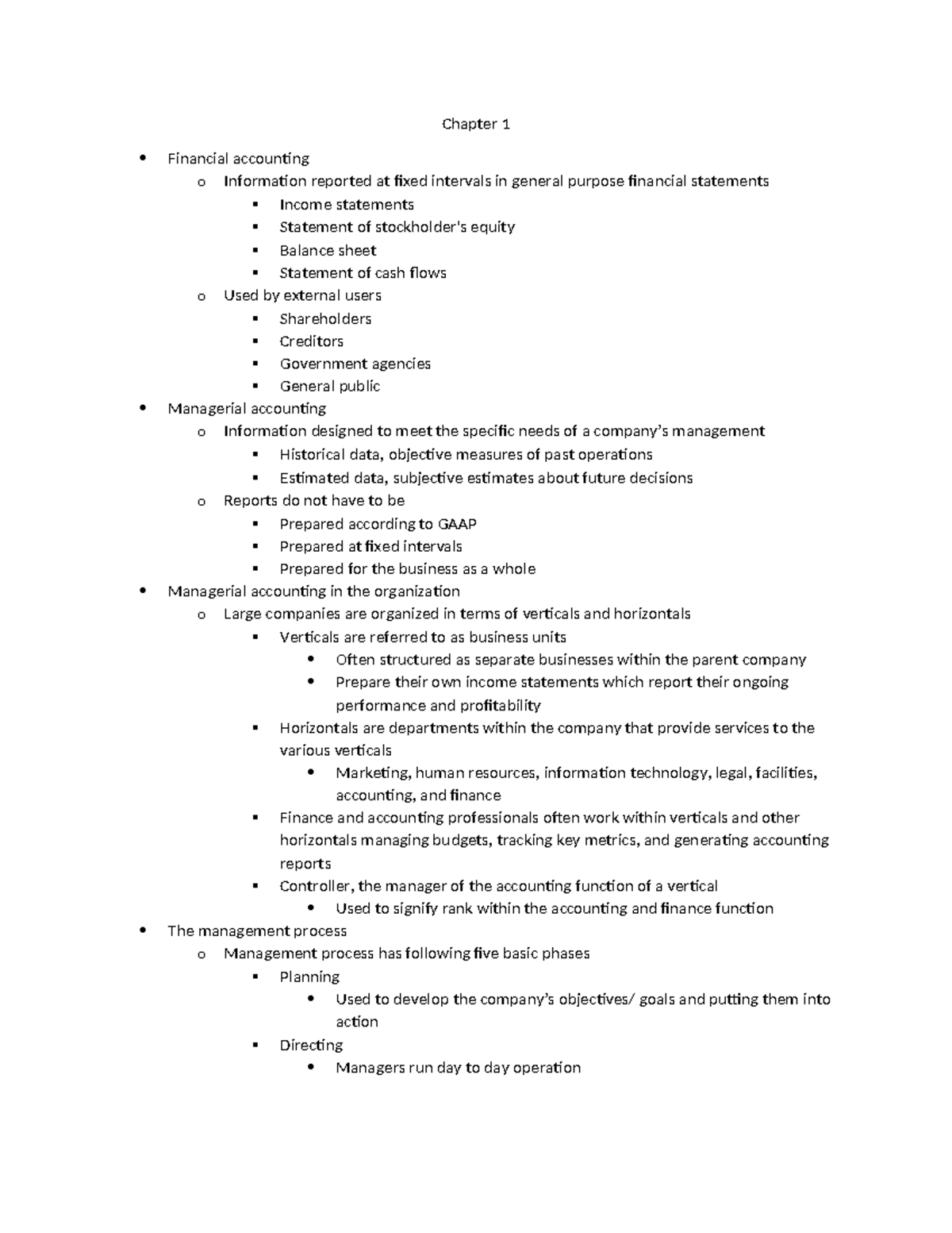 Managerial Accounting Chapter Notes - Chapter 1 Financial accounting o ...