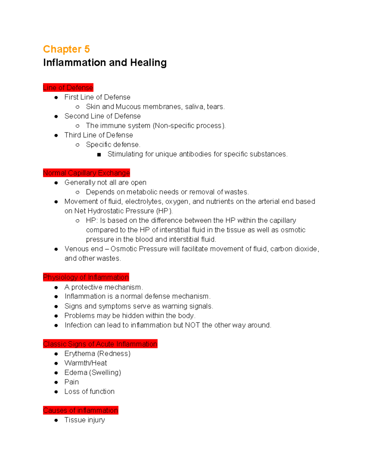 Ch 5 Patho notes Inflammation and Healing - Chapter 5 Inflammation and ...