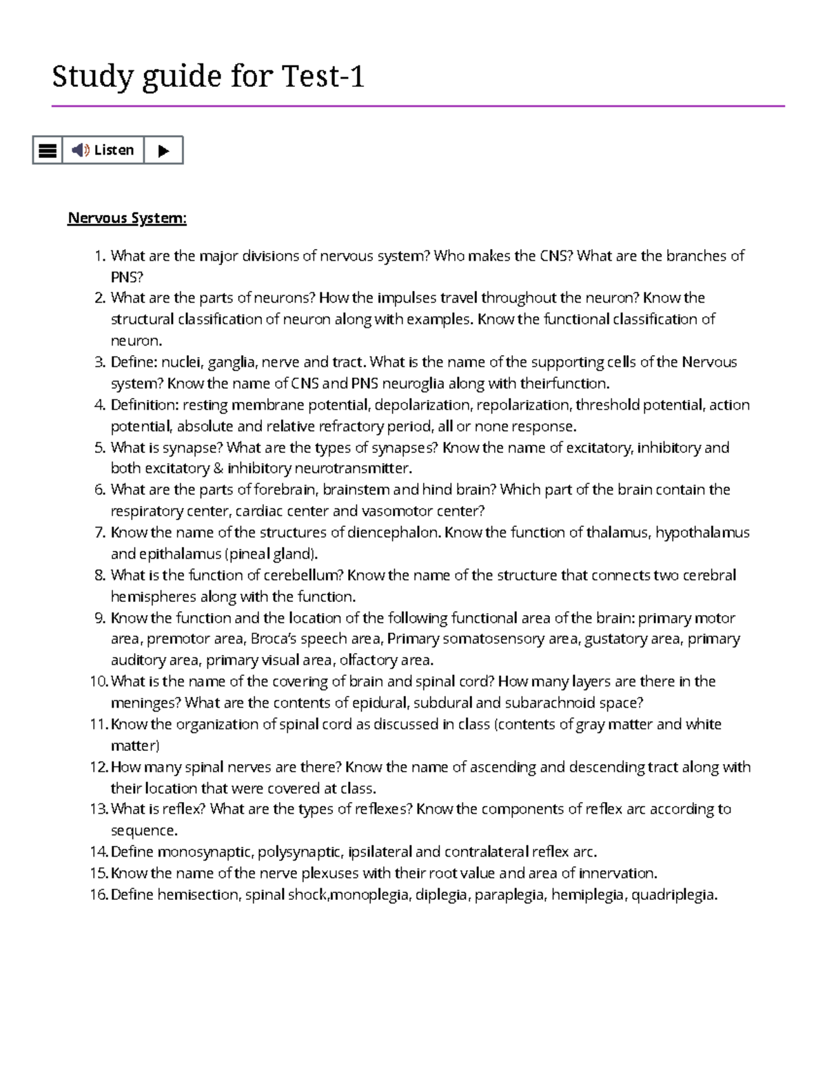 Test 1 Study Guide: Nervous System Overview & Key Concepts - Studocu
