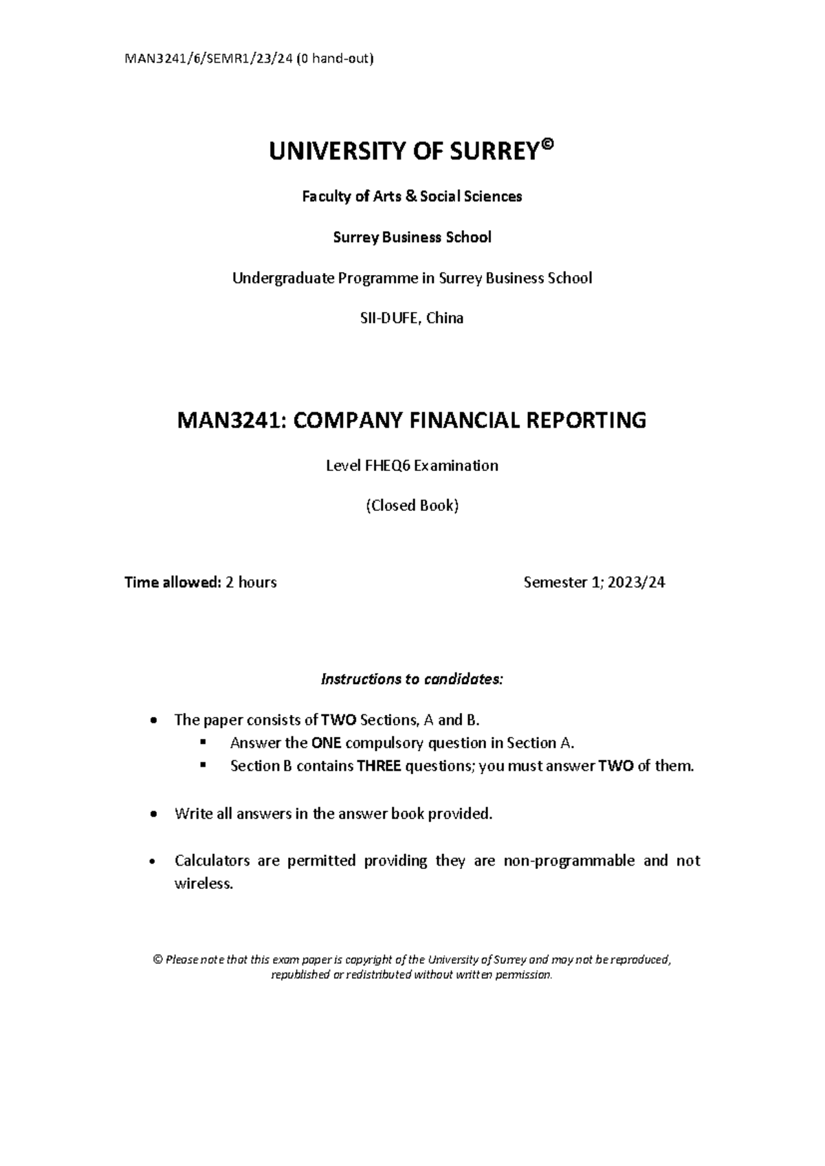 MAN3241: Company Financial Reporting Exam Paper Analysis - Studocu