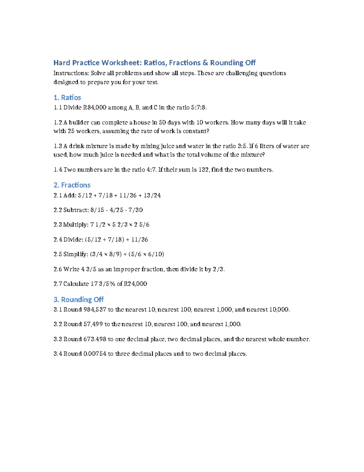Hard Practice Worksheet: Ratios & Fractions for Test Prep - Studocu
