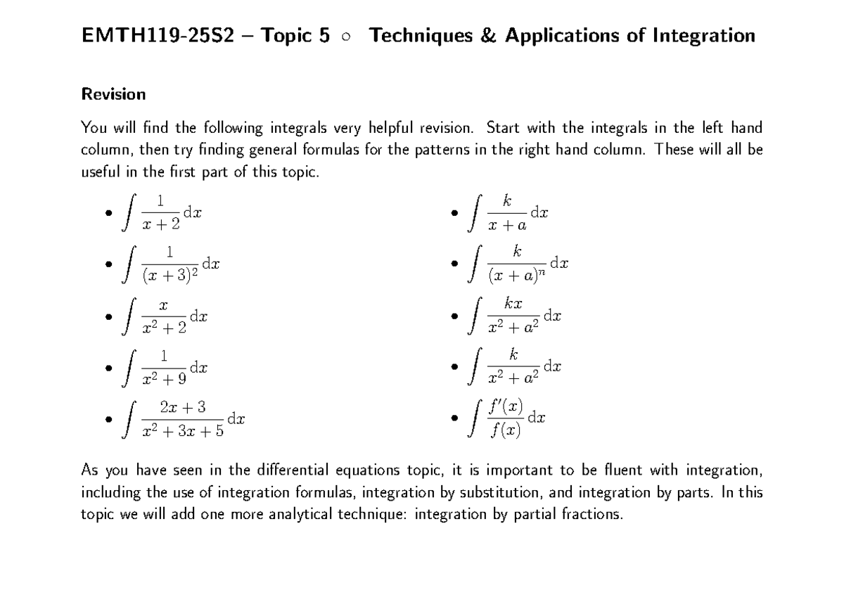 Integration Techniques and Applications: EMTH119 Revision Notes - Studocu