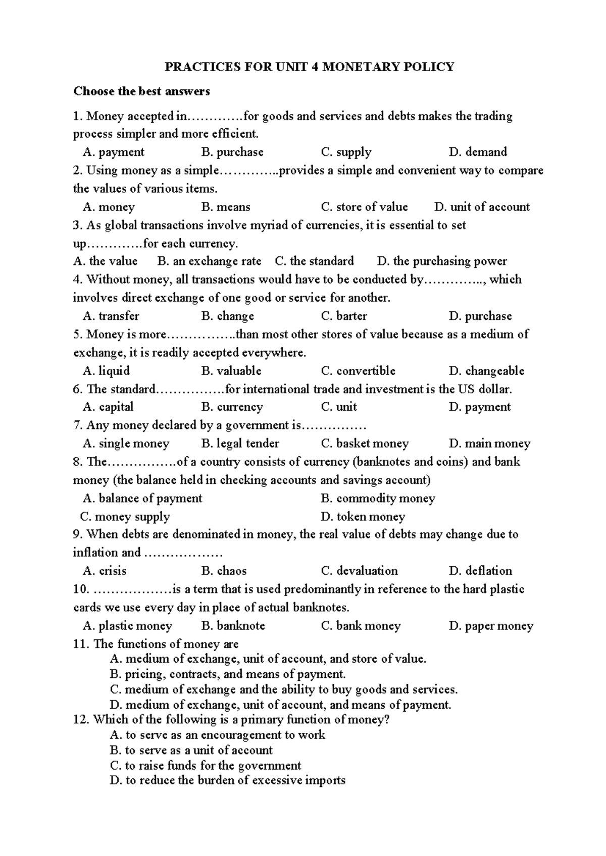 Practices FOR UNIT 4 Monetary Policy - PRACTICES FOR UNIT 4 MONETARY ...