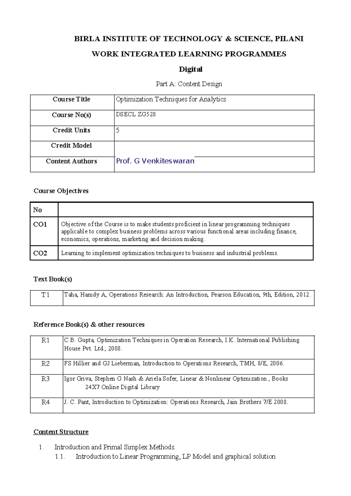 Optimization Techniques for Analytics - DSECL ZG528 Handout - Studocu