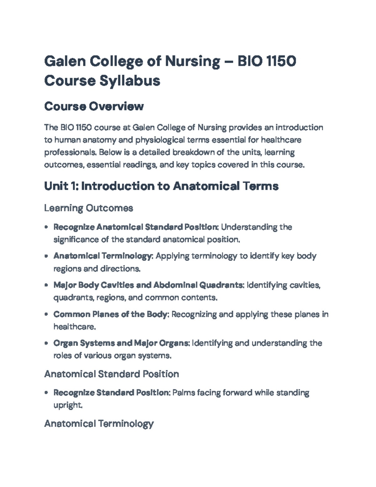 BIO 1150: Syllabus for Human Anatomy & Physiology at Galen College ...