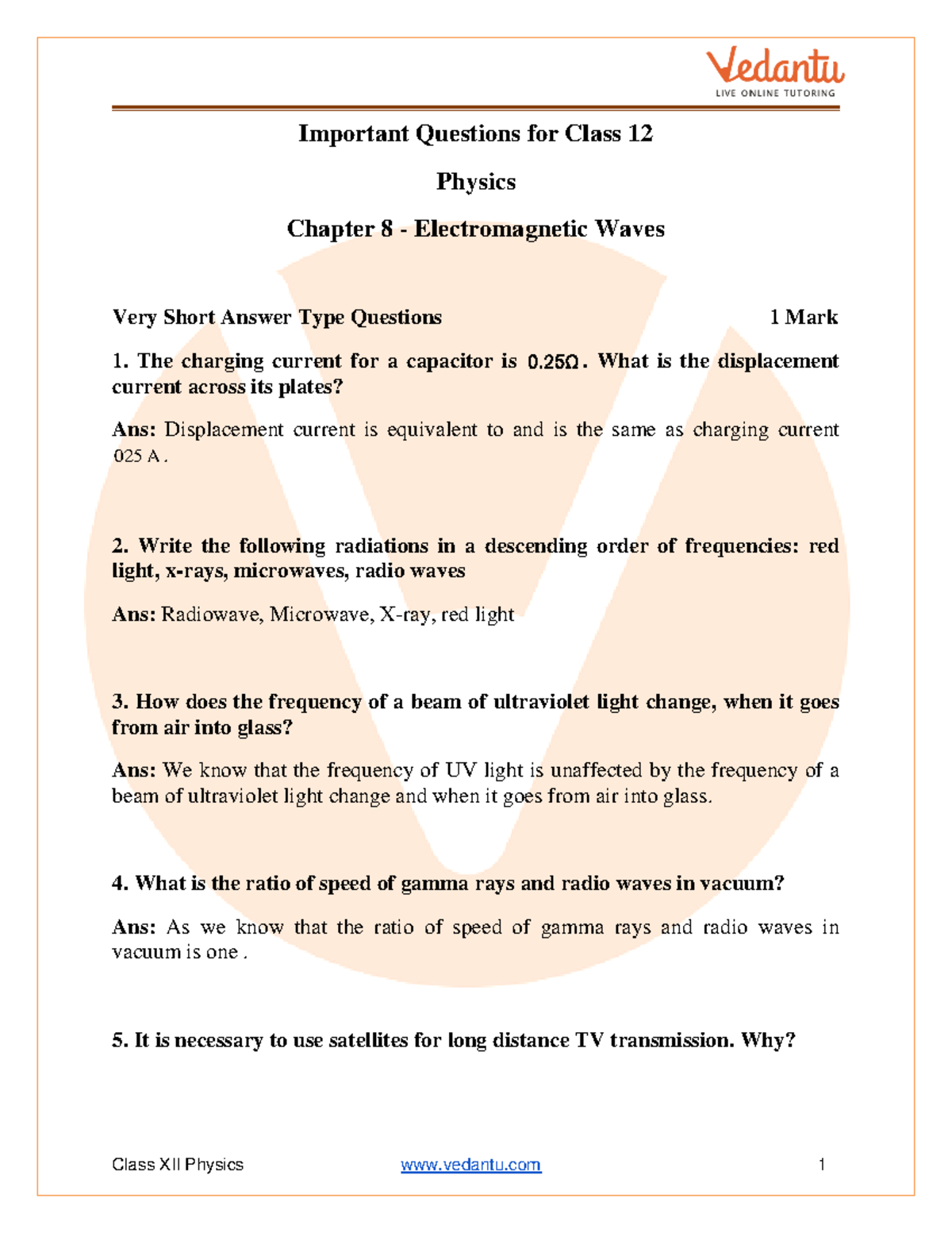 Important Questions for Class 12 Physics Chapter 8: Electromagnetic Waves - Studocu