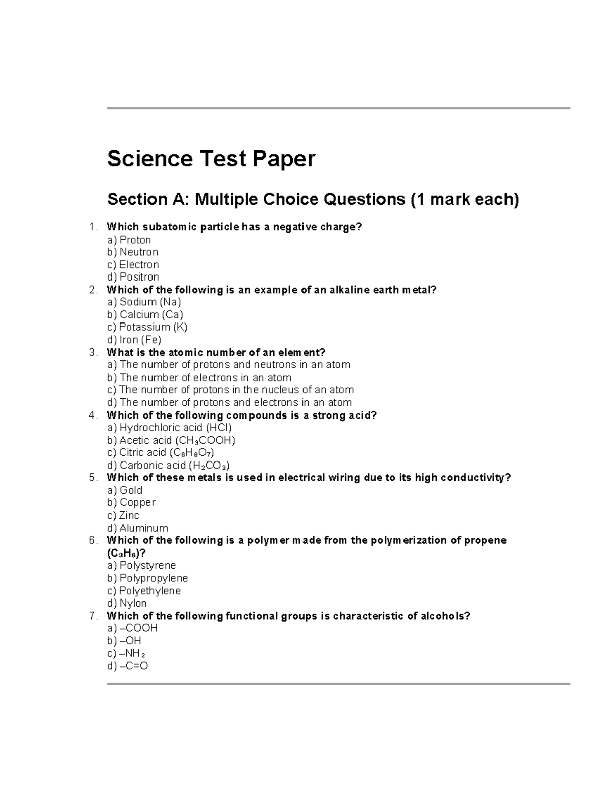 Science Test Paper 3: MCQs, True/False & Short Answers - Studocu