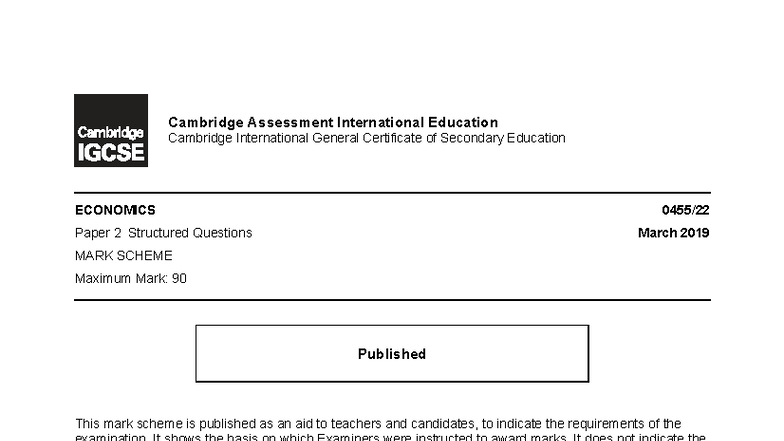 Cambridge IGCSE Economics 0455 Mark Scheme Paper 2 March 2019 - Studocu