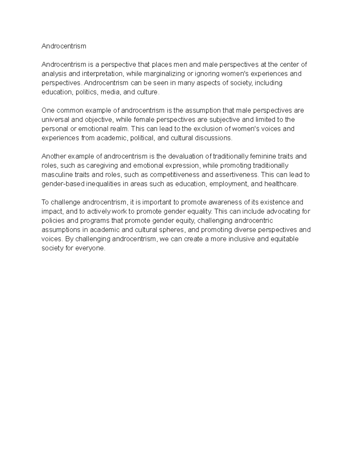 Androcentrism: Analyzing Gender Bias in Society and Its Impacts - Studocu