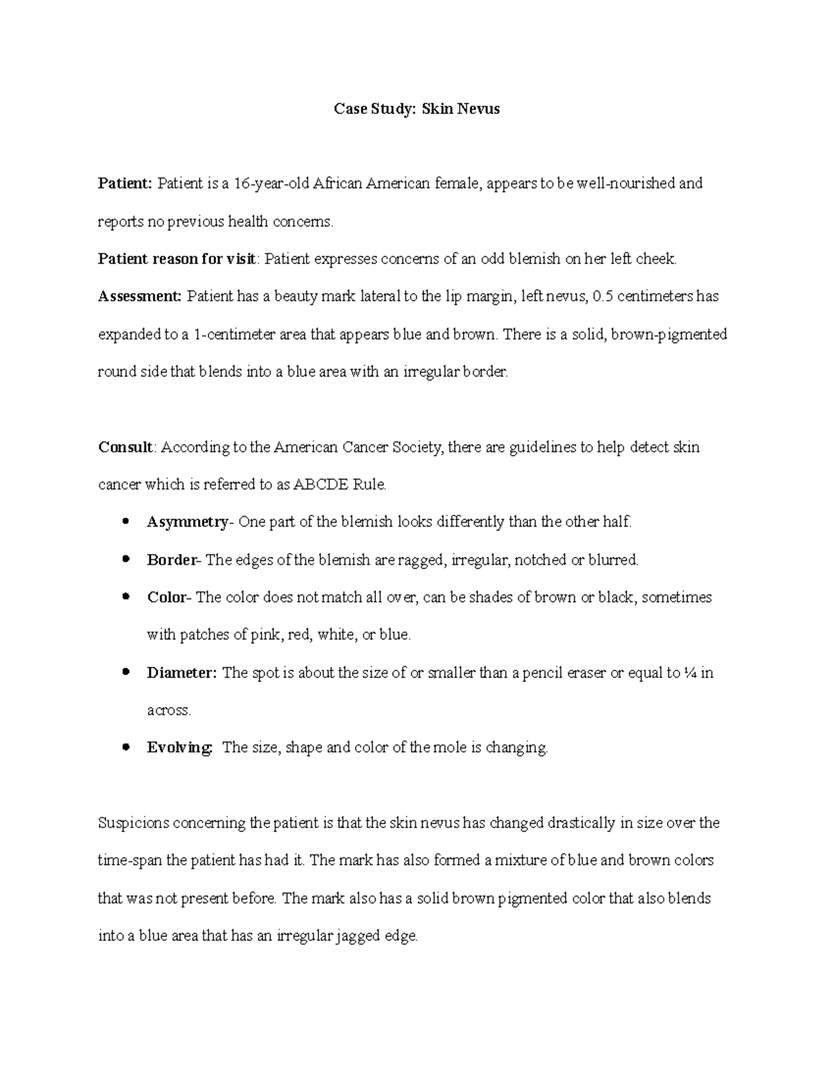Bio 205 Case Study: Assessment of Skin Nevus in 16-Year-Old Patient - Studocu