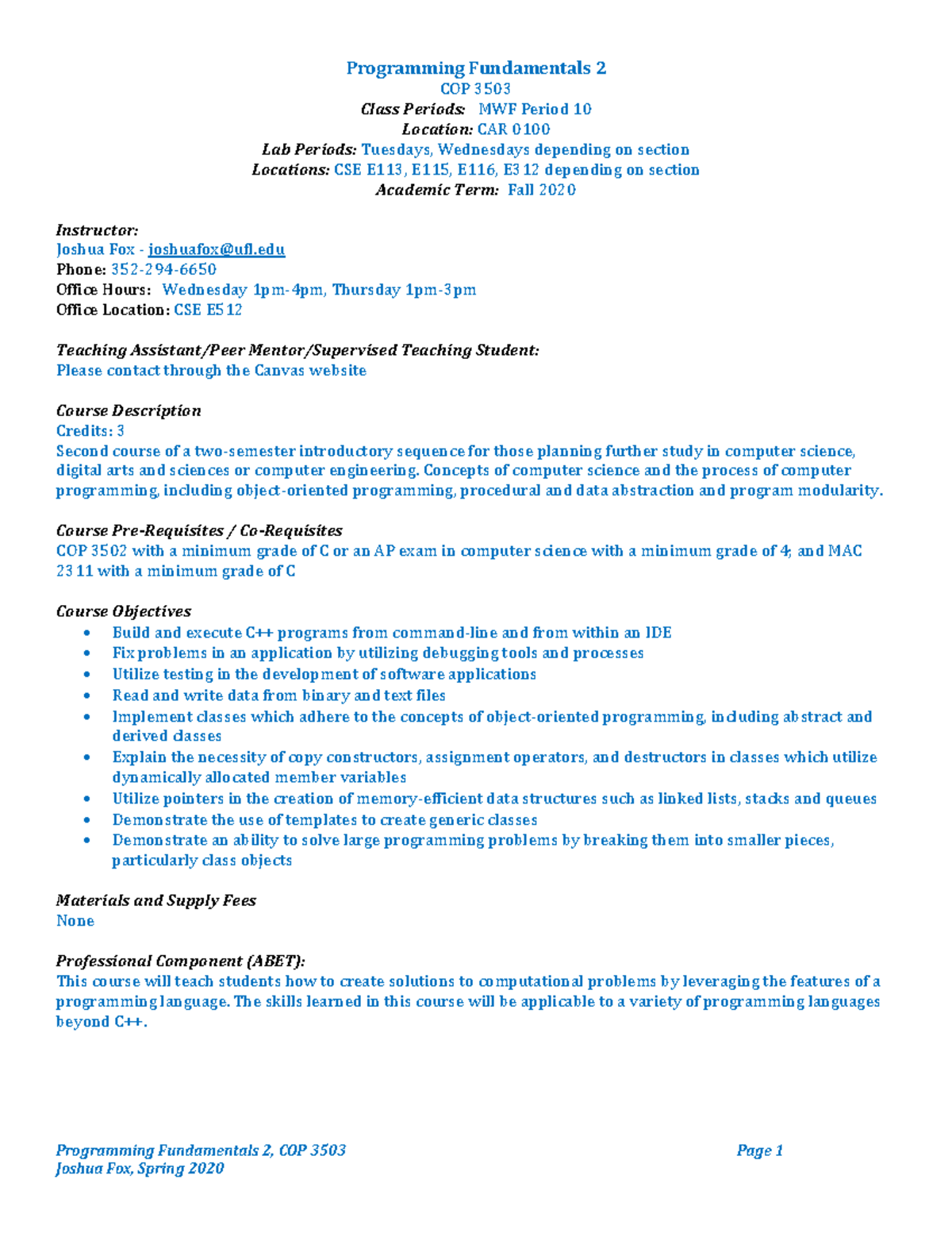 COP3503-Spring-2020 - Syllabus - Programming Fundamentals 2, COP 3503 ...