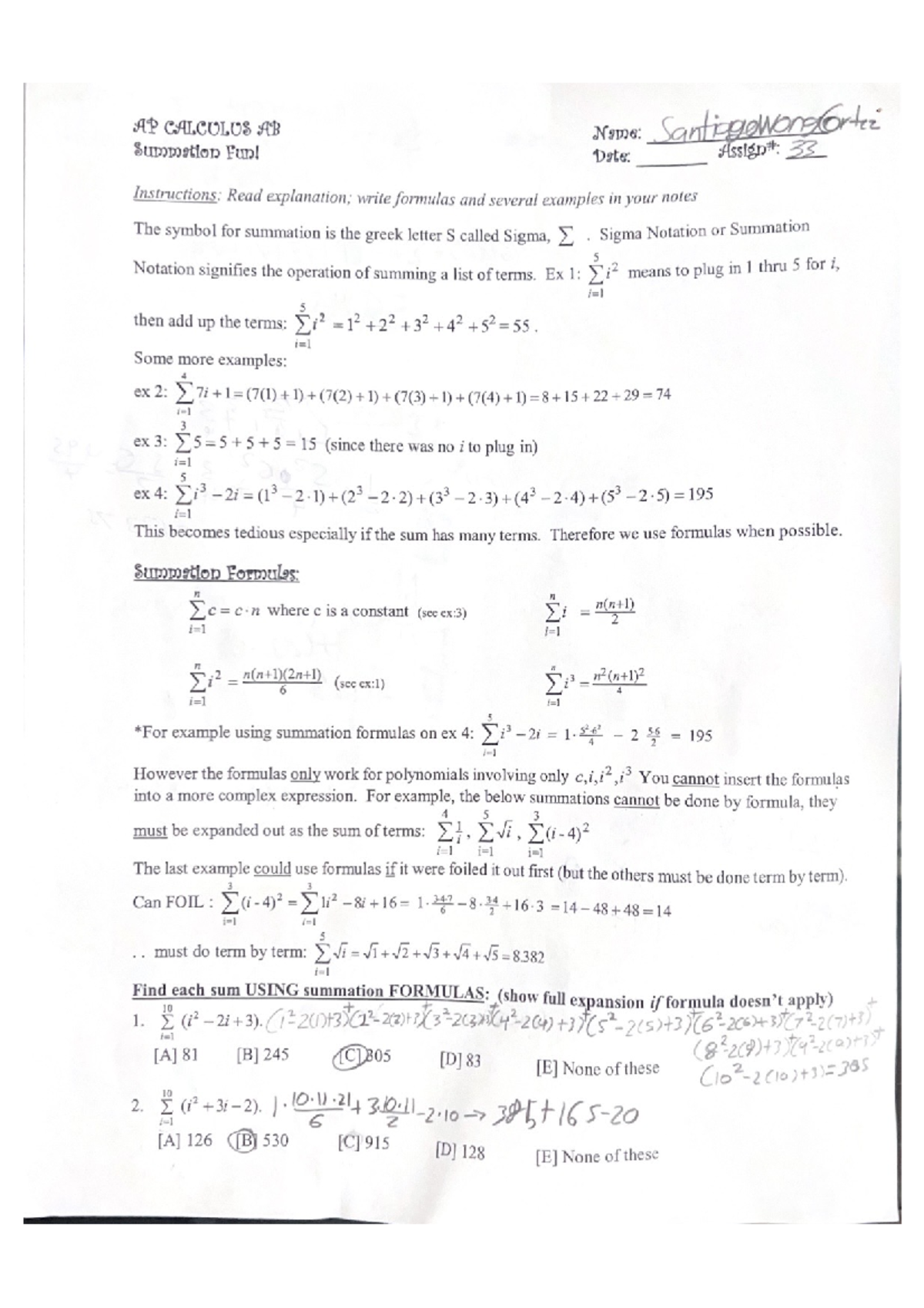 AP CALCULUS AB: Summation Notation and Formulas Explained - Studocu