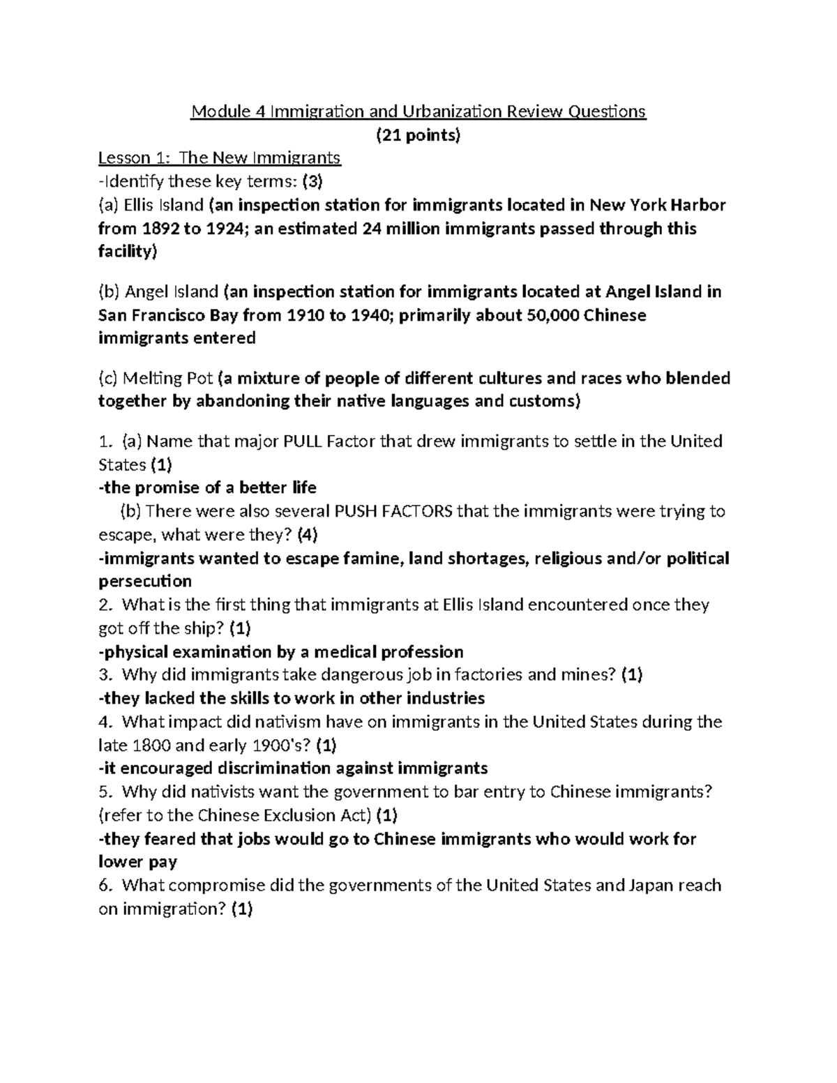 Module 4 Immigration & Urbanization Review Questions: Key Terms ...