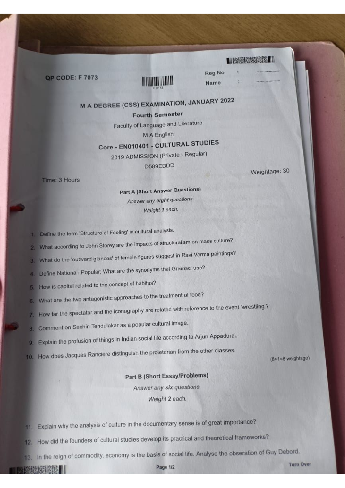 4th Sem Exam QP F 7073 - Cultural Studies Questions & Answers - Studocu