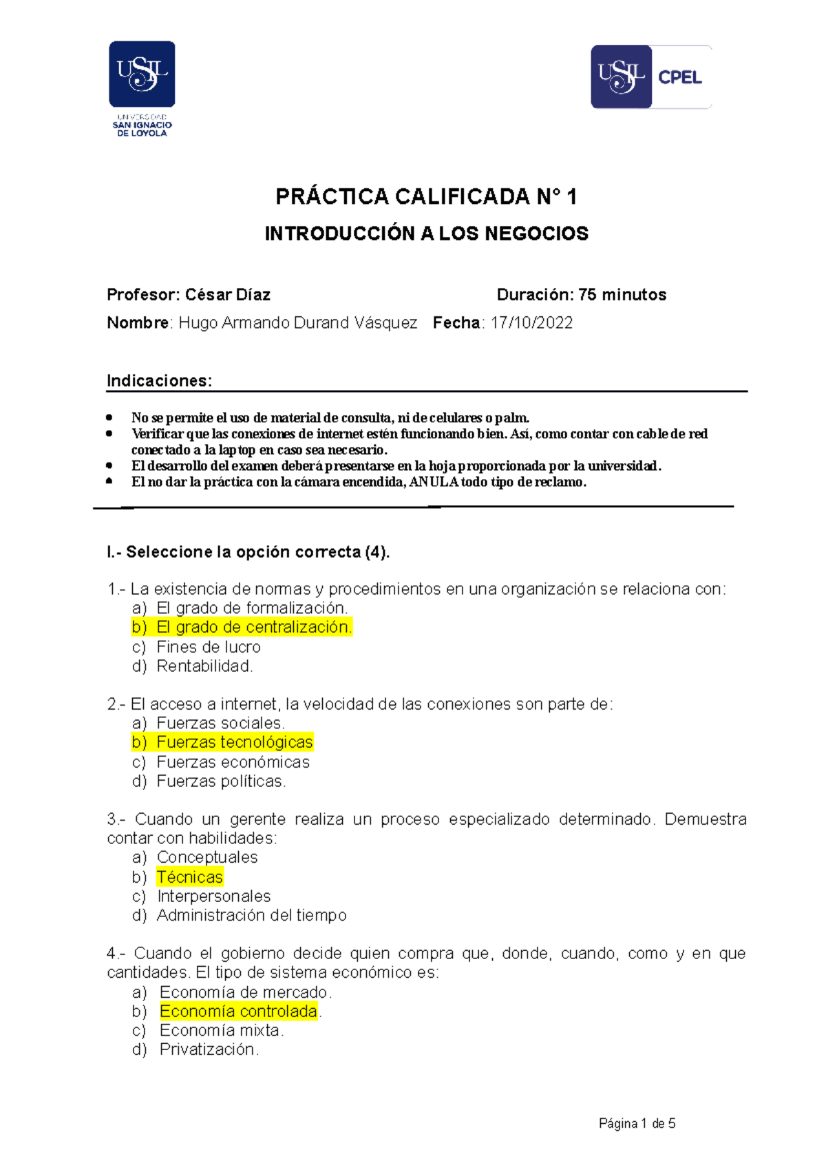 Practica Calificada 1 2022 INV1 - PRÁCTICA CALIFICADA N° 1 INTRODUCCIÓN A LOS NEGOCIOS Profesor ...