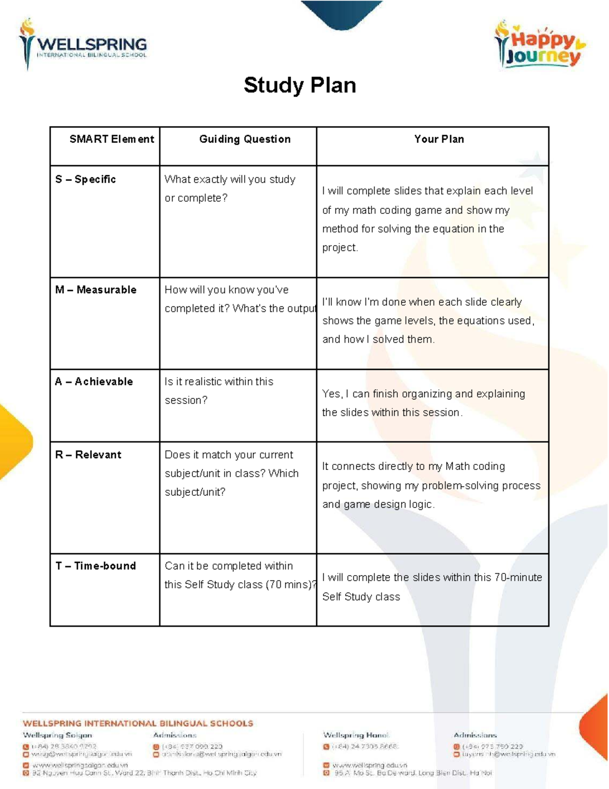 Self-Study Plan: SMART Goals for Math Coding Project 10.3 - Studocu