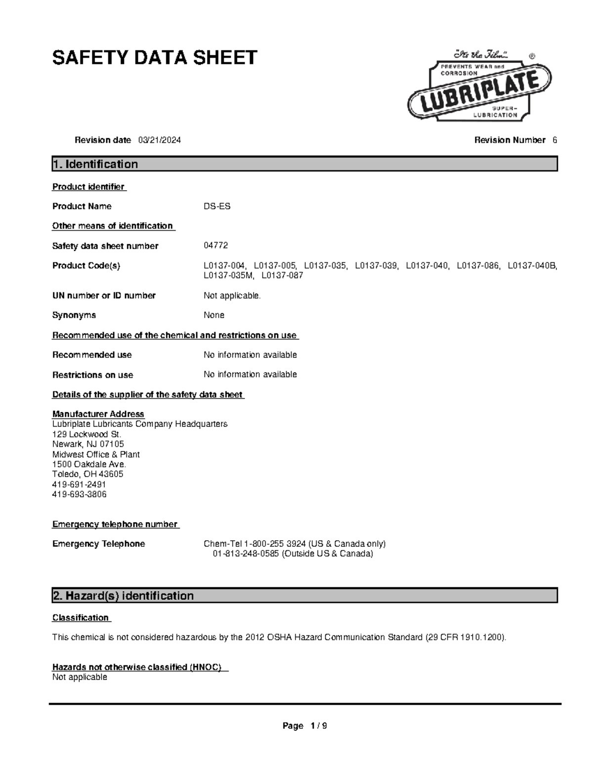 Safety Data Sheet (SDS) 04772: Chemical Hazard Identification & First ...