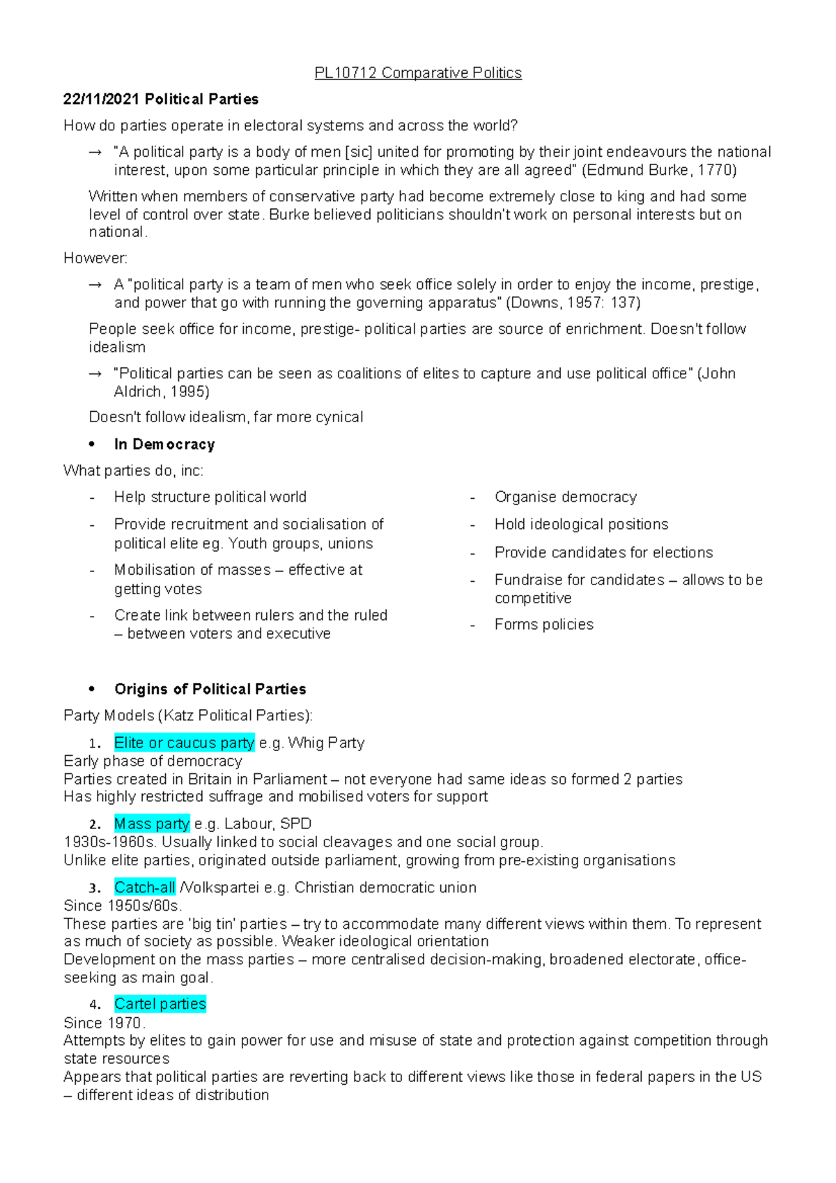 PL10712 Lecture 7: The Role and Function of Political Parties - Studocu